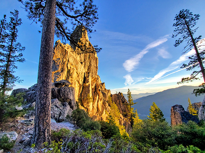 Golden hour paints these granite spires with light that photographers dream about. Nature's own cathedral at sunset.