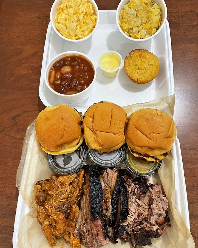 Even in takeout form, this barbecue feast maintains its dignity. Car picnics never looked so good—though your steering wheel might get saucy.