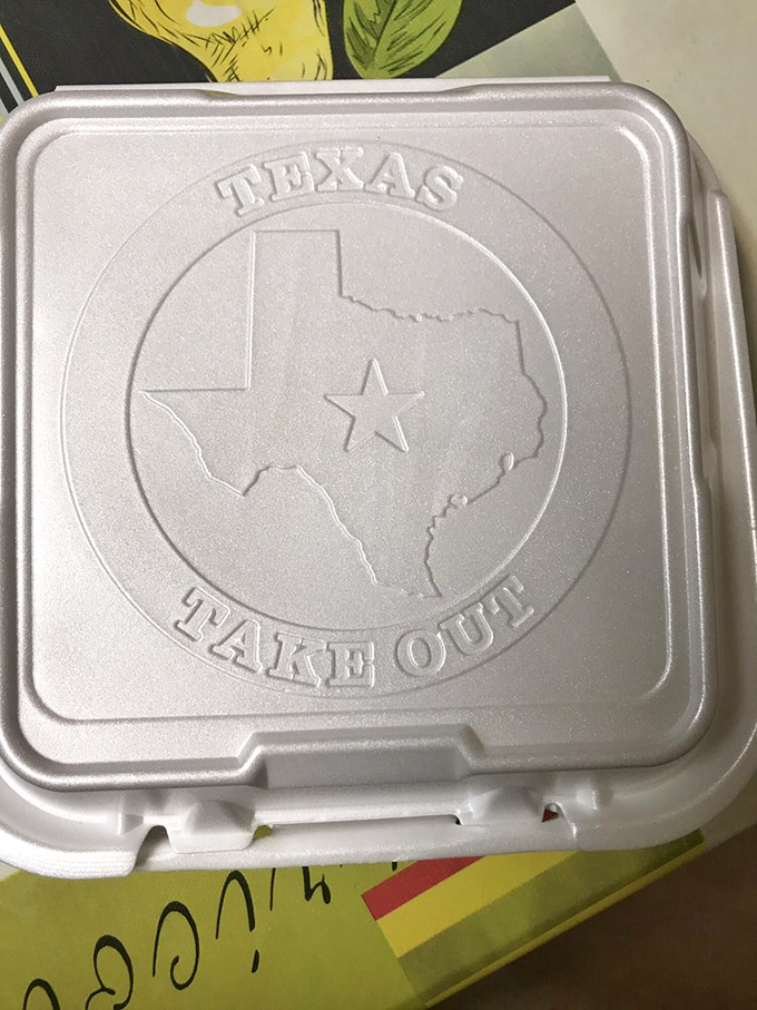 The takeout container proudly emblazoned with "TEXAS TAKE OUT"&mdash;because even leftovers deserve state pride.