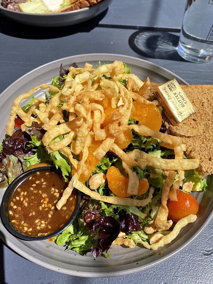 A salad that's having an identity crisis as a work of art. Those crispy wonton strips add the kind of drama we can all appreciate.