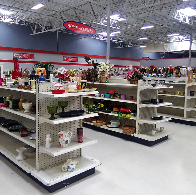 The home accents section: where yesterday's treasures await tomorrow's mantels. Vases, figurines, and candleholders all vying for a second chance at decorative glory.