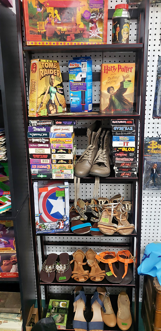 A time capsule shelf where vintage games, classic books, and gently-used sandals create the ultimate nostalgic trifecta.