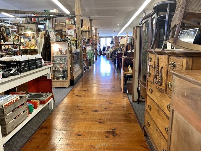 Sunlight streams down polished wooden aisles, illuminating treasures on either side like a museum where everything's actually for sale.
