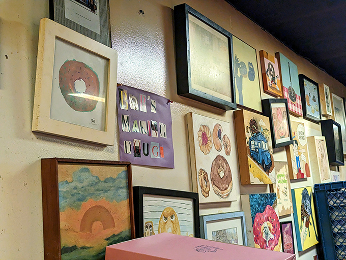 The wall of donut art: where customers express their appreciation through creative tributes to the humble circle of fried perfection.