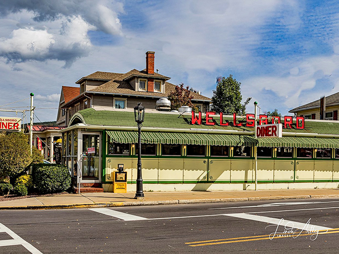 The iconic Wellsboro Diner's gleaming exterior promises authentic comfort food served with a side of nostalgia and friendly conversation.