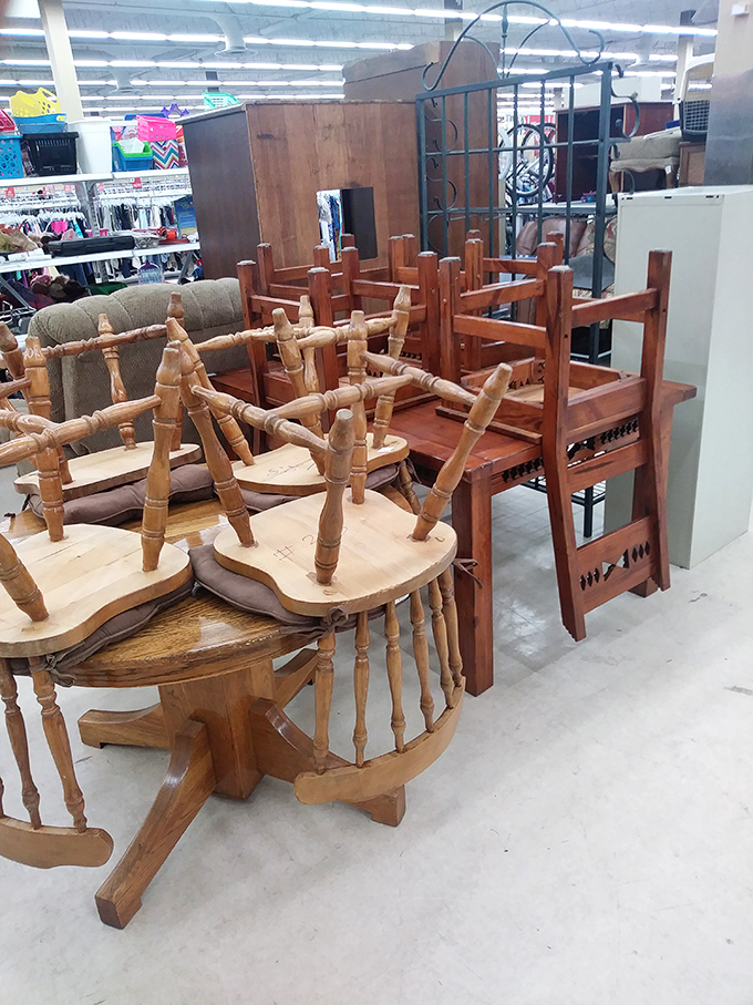 The wooden chair congregation&mdash;where dining sets have disbanded but each piece stands ready for adoption into your eclectic home collection.