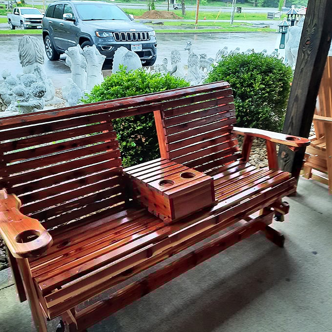 Not just a bench&mdash;it's an invitation to sit a spell and contemplate which treasures are coming home with you today.