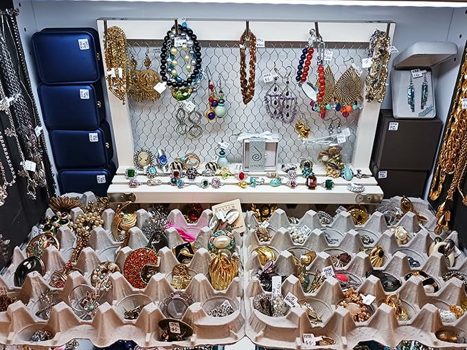 A jewelry display that would make your grandmother gasp, "That looks just like the brooch Aunt Edith wore to church!" Every piece waiting for its second act.