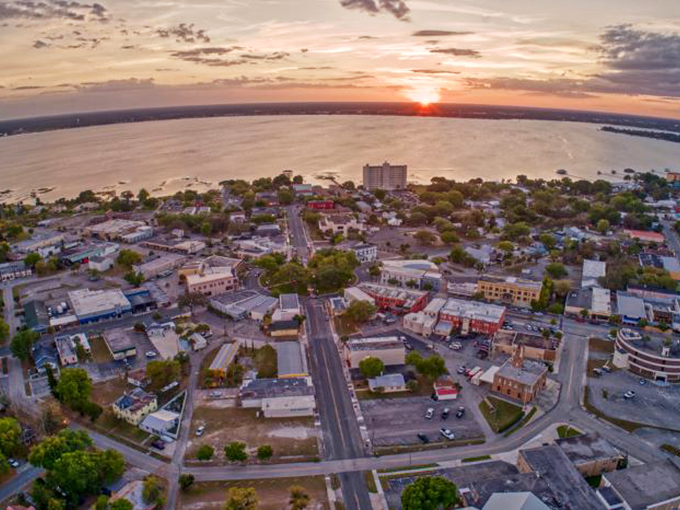 Sebring from above reveals its perfect circle design and Lake Jackson backdrop &ndash; like someone dropped a protractor into old Florida and called it urban planning. 