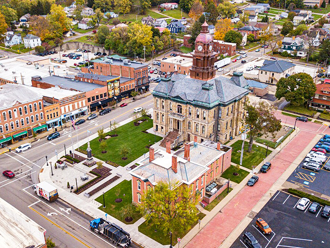 From above, Millersburg reveals its perfect balance &ndash; a historic courthouse anchoring a vibrant downtown, surrounded by neighborhoods where front porches still matter.