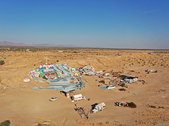 From above, Salvation Mountain appears as an artistic island in a sea of sand&mdash;proof that human creativity can bloom anywhere.
