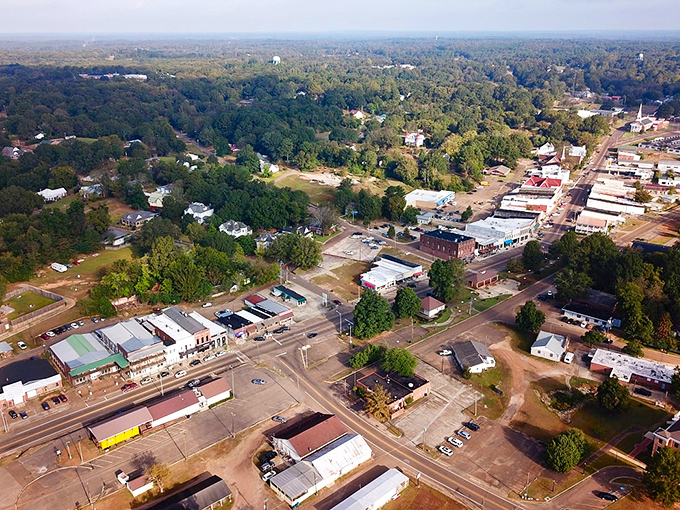 From above, Water Valley reveals itself as a perfect patchwork of green spaces and historic buildings&mdash;small-town Mississippi at its finest.