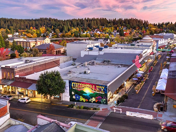 From above, Grass Valley reveals its perfect balance&mdash;historic downtown surrounded by autumn-painted hills and evergreen forests.