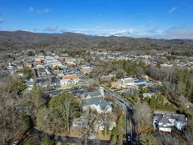 From above, Brevard nestles into the mountains like it was always meant to be there – a perfect little civilization surrounded by wilderness.