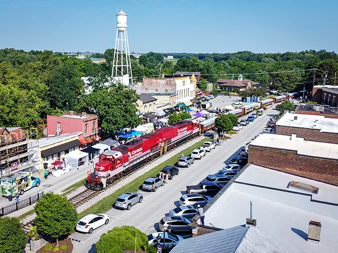 From above, Midway reveals its perfect layout&mdash;historic downtown, railroad heritage, and the iconic water tower standing sentinel over this Kentucky gem.