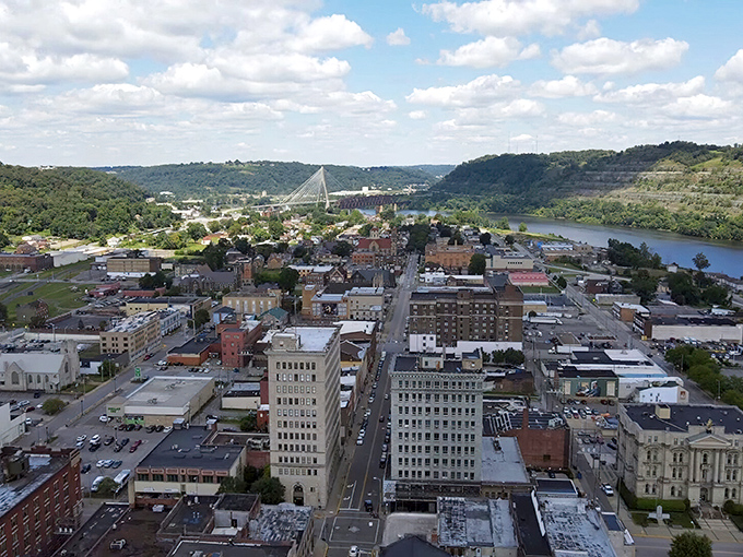 From above, Steubenville reveals its perfect positioning &ndash; nestled between rolling hills and the Ohio River, offering natural beauty that requires no filter.