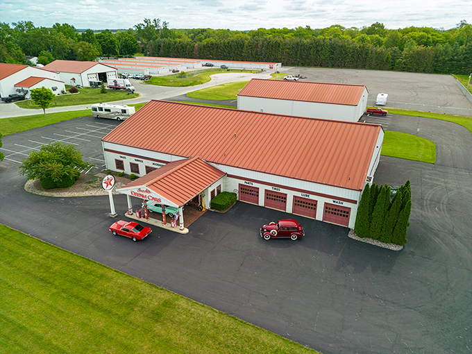 From above, Snook's reveals its true scale&mdash;a compound dedicated to automotive passion where every building houses wheeled treasures waiting to tell their stories.