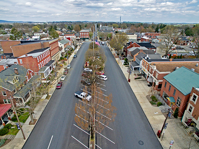 From above, Manheim's Market Square reveals itself as the town's beating heart, where historic architecture frames everyday small-town life.