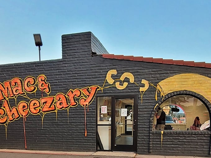 Even from the back entrance, there's no mistaking this cheese palace. The dripping yellow logo is like a siren song to carb lovers.