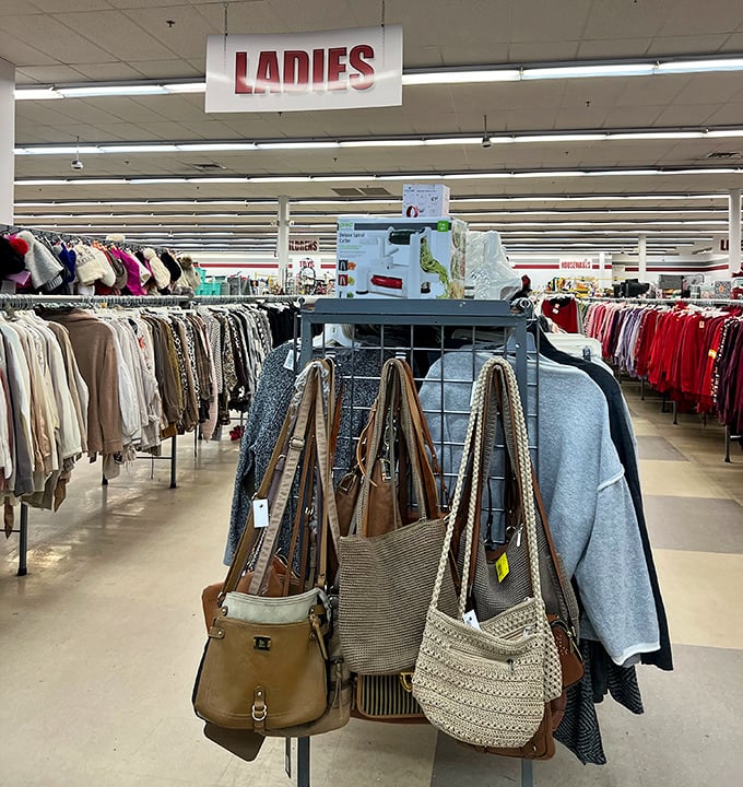 The handbag section: where designer dreams meet budget realities, and yesterday's fashion statements find new voices to speak through.