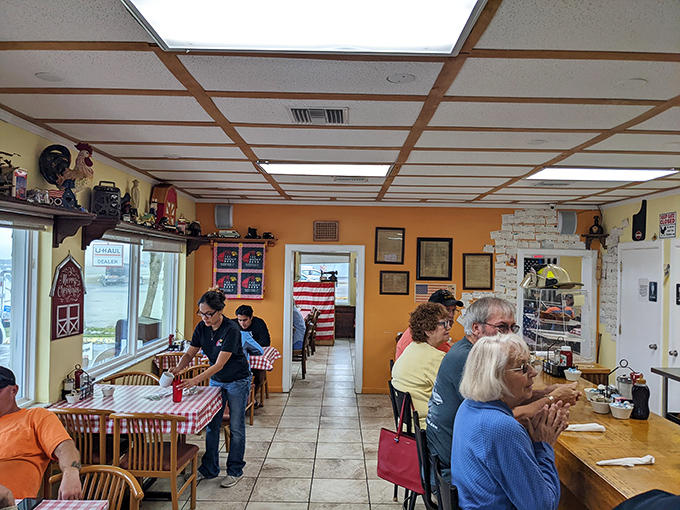 The communal counter—where strangers become friends over coffee refills and the shared religion of good biscuits.