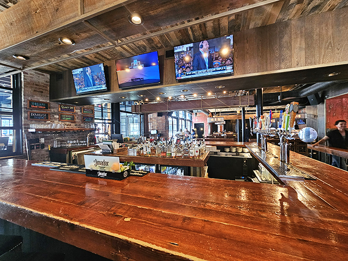 A bar counter that's witnessed countless first dates, celebrations, and "just one more" promises. Wood worn smooth by stories and spilled bourbon.