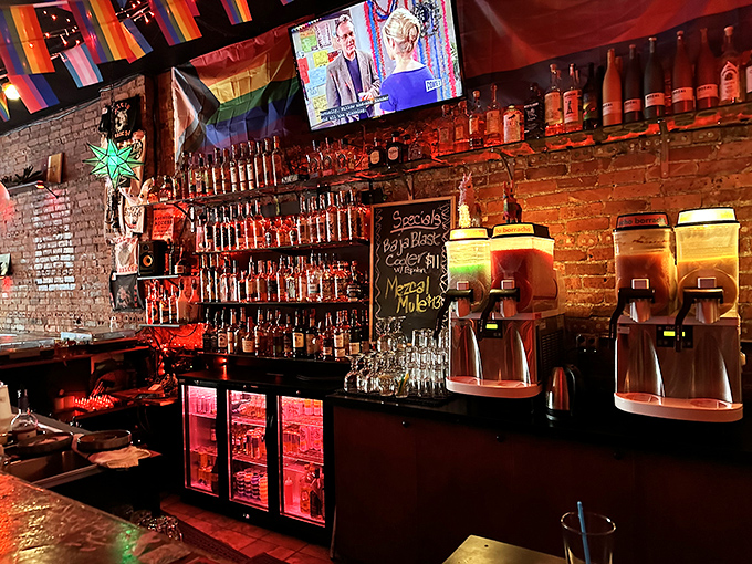 The bar gleams with bottles of promise while frozen drink machines stand ready for duty. This is where liquid happiness is engineered.