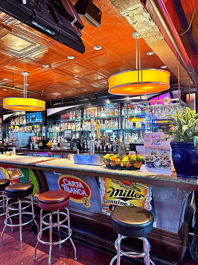 The bar gleams with promise, its copper ceiling and vibrant bottles creating the perfect backdrop for stories that get better with each round.