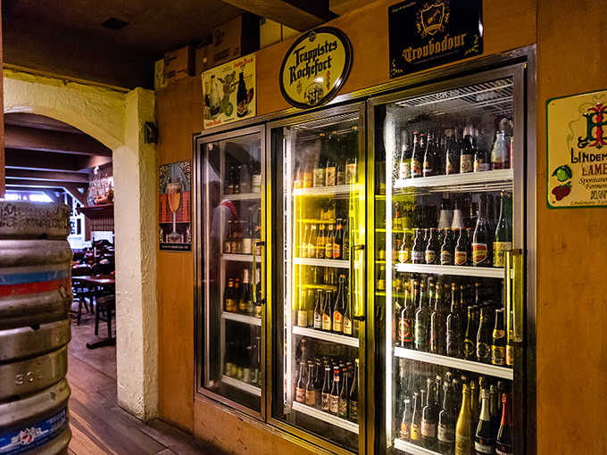 A beer lover's dream refrigerator. These bottles contain liquid treasures from brewing traditions spanning continents and centuries.