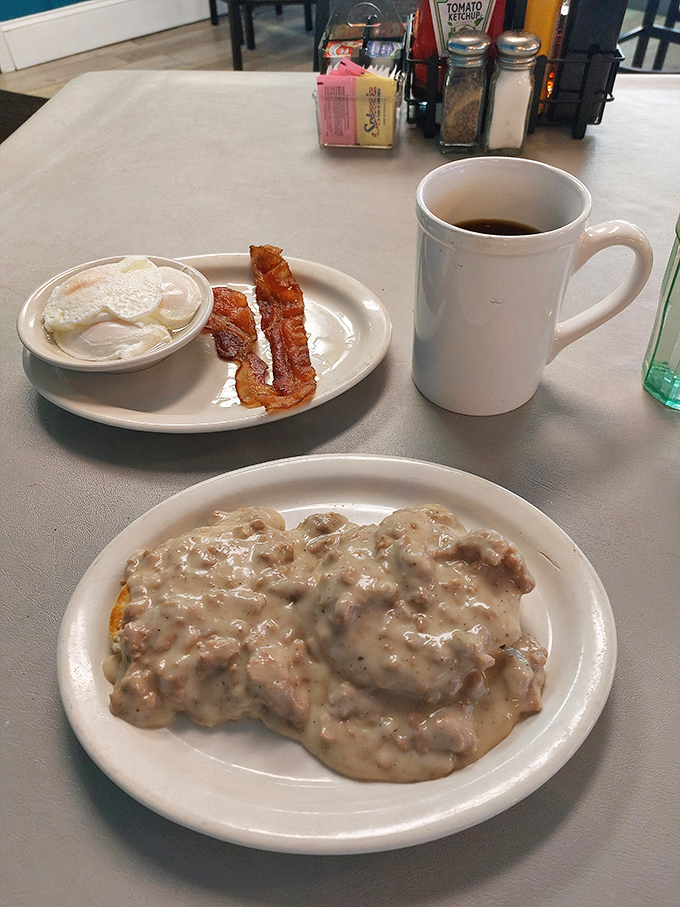 Biscuits and gravy—the Southern comfort food that's found a happy home in Ohio. This plate doesn't just feed your stomach; it hugs your soul.