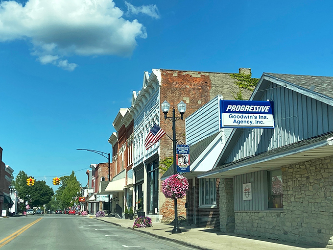 Main Street USA, where hanging flower baskets are mandatory and everyone still waves hello. These historic buildings house businesses where the owners actually remember your name.