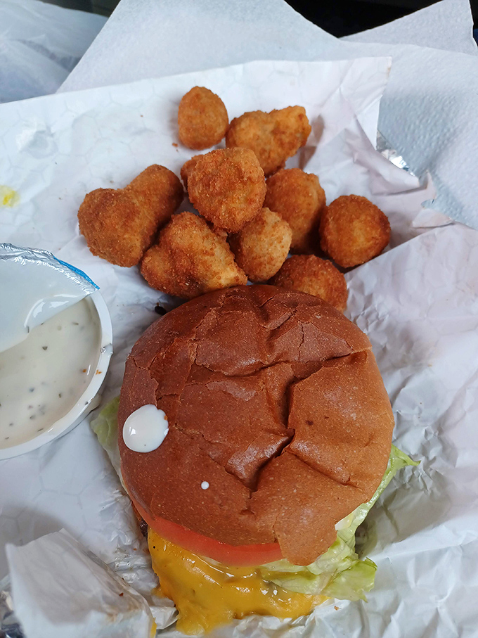 The perfect burger doesn't exi&mdash;wait, there it is, nestled beside golden potato puffs and waiting to make your day measurably better.