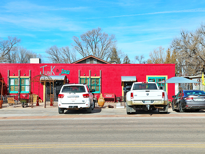 The bright red building stands out like a cheerful exclamation point in a town of comfortable sentences. 