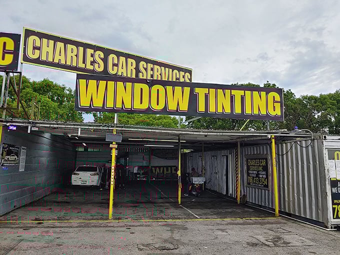 Automotive services nestled among retail stalls&mdash;because in Florida, your car's comfort is as important as your own in the relentless sunshine.