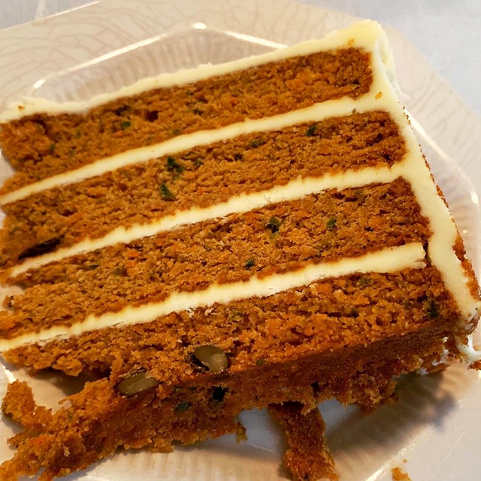 Carrot cake that would make the Easter Bunny weep with joy. Multiple layers of spiced perfection separated by cream cheese frosting that dreams are made of.