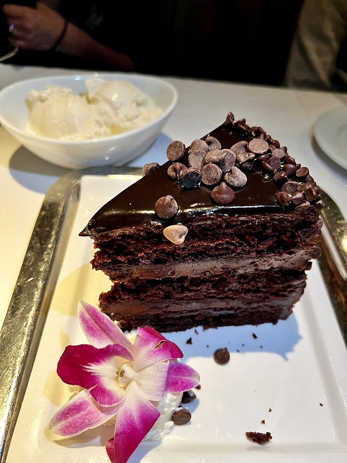 A chocolate cake so rich it probably has its own accountant, adorned with chocolate chips and a flower that's almost too pretty to eat.