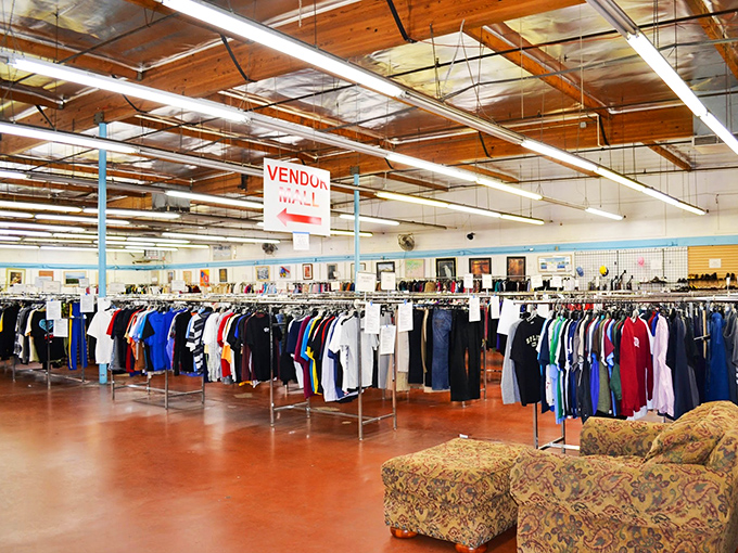 Clothing racks extend infinitely, offering fashion choices from every era when style statements actually meant something significant.