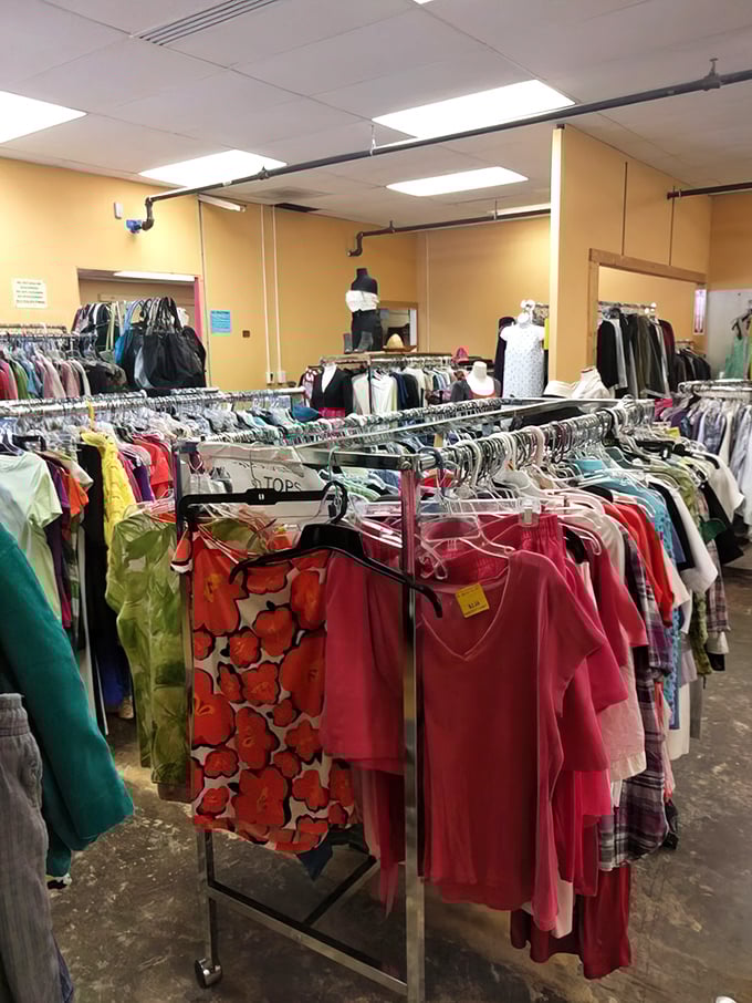 A rainbow of fabrics stretches across the clothing department, where yesterday's fashion choices become tomorrow's vintage statement pieces.