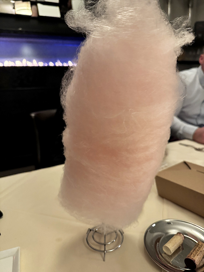 Cotton candy that would make a carnival barker jealous. Childhood nostalgia meets grown-up dining in a cloud of spun sugar magic.
