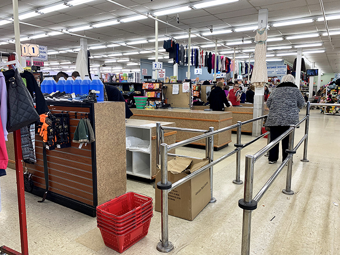 The checkout area—retail's finish line where victory is measured in treasures found and dollars saved.