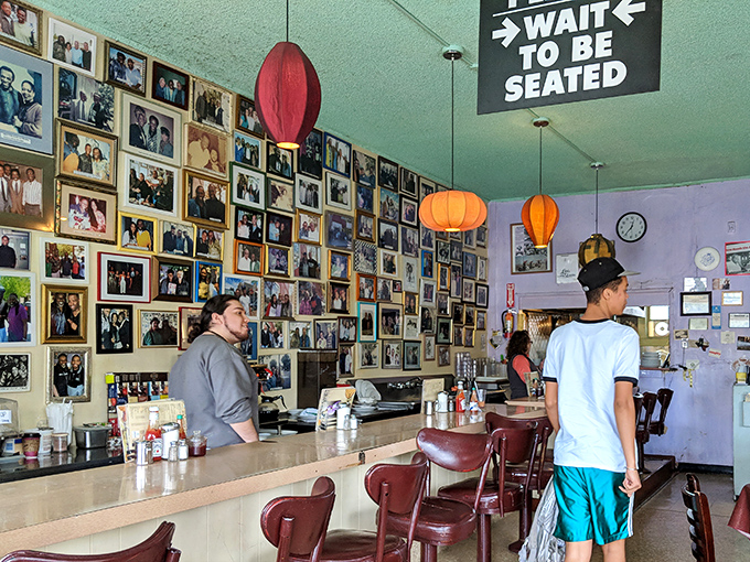The counter where regulars become family, beneath a gallery wall that tells the story of decades of Oakland dining history.