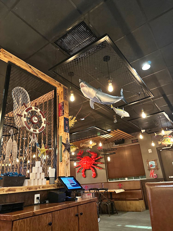 When sharks hang from your ceiling and crabs climb your walls, you know you're in a place that takes seafood seriously&mdash;but not itself.