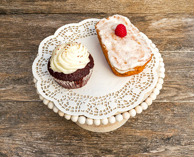 Life advice: Always save room for dessert. This red velvet cupcake and glazed loaf are the sweet finale to a smoky symphony.
