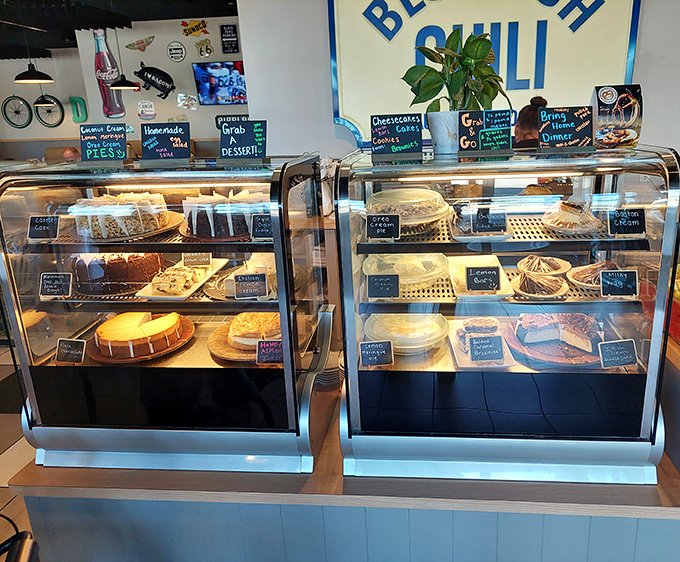 The dessert case: where willpower goes to die. After conquering a five-way, somehow there's always room for a slice of that chocolate cake.