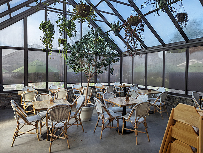 The greenhouse dining area brings the outdoors in, creating a space where plants and pastries coexist in perfect harmony.