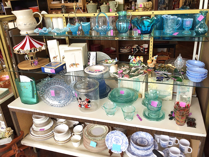 Turquoise glassware gleams alongside delicate china &ndash; these aren't just dishes, they're vessels of nostalgia waiting to grace new tables.