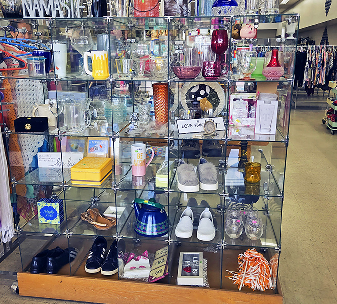 The glass display case: where the real treasures hide. These curated finds represent the best of what comes through these doors&mdash;small treasures with big potential.