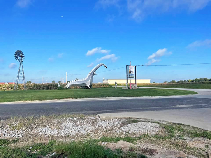 From the road, the dragon appears like a mirage rising from farmland – an unexpected burst of fantasy amid the practical Midwestern landscape.