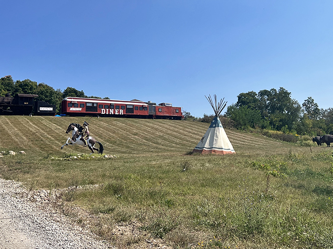From a distance, it looks like a train that jumped track and landed in paradise. The teepee adds an unexpected touch of whimsy.