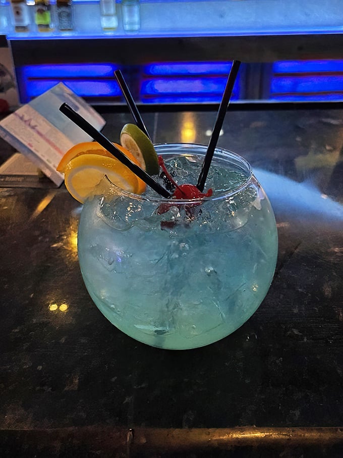 A fishbowl drink at the Fish Bowl&mdash;meta and refreshing. This blue concoction is what mermaids order when they're off duty.